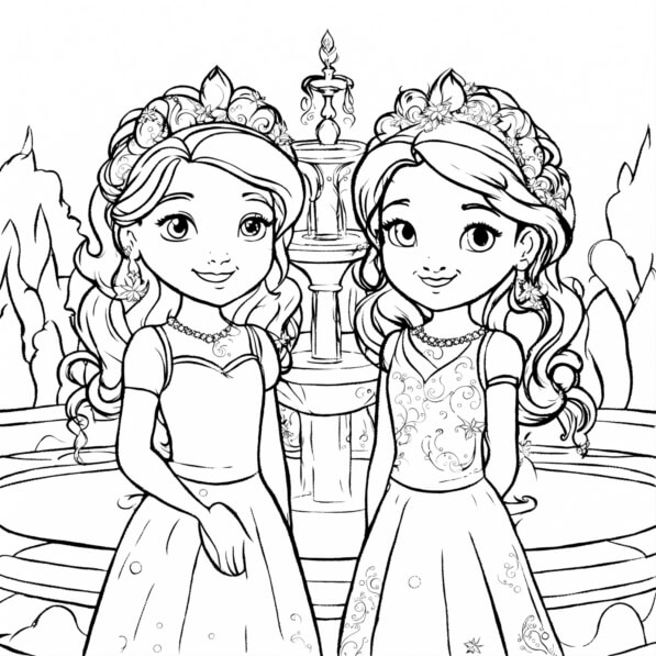 Download Two Princesses in Front of a Fountain with Coloring Pages ...