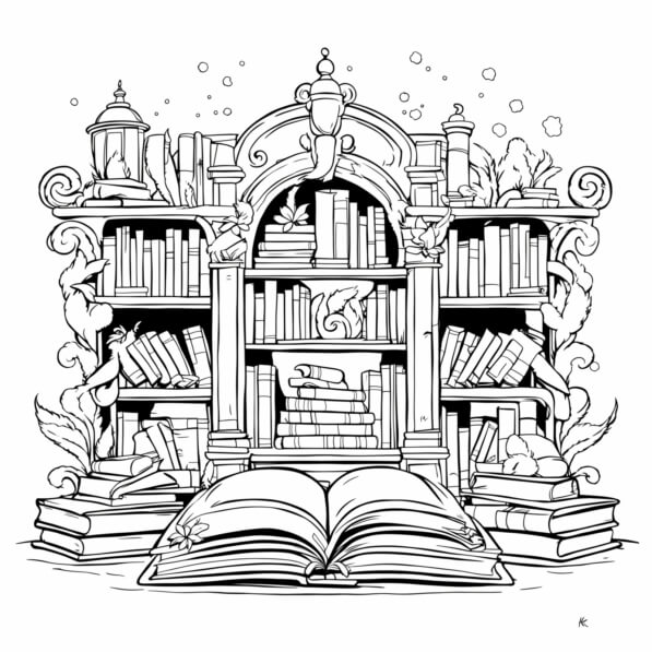 Download Open Bookcase with Books Coloring pages Online - Creative Fabrica