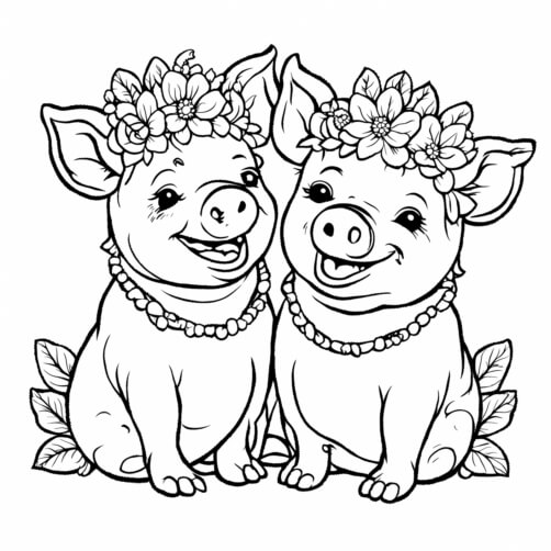 Download Cute Pig with Flowers on Head - Free Printable Spring Coloring ...