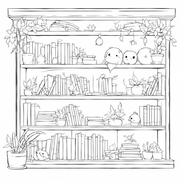 Download Educational Bookcase with Books, Plants, and Animals Coloring ...