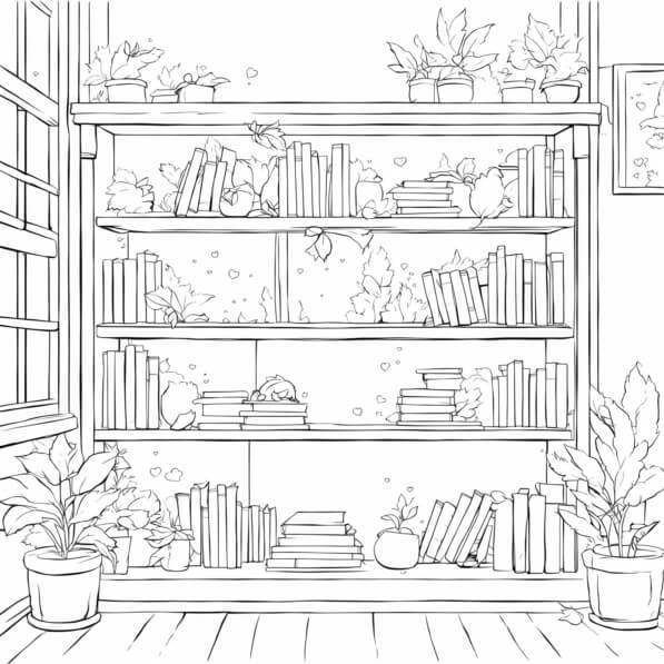 Download Bookcase with Books, Plants, and Flowers Coloring pages Online ...