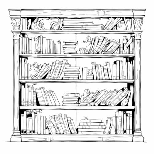 Download Open Bookcase with Books Coloring pages Online - Creative Fabrica