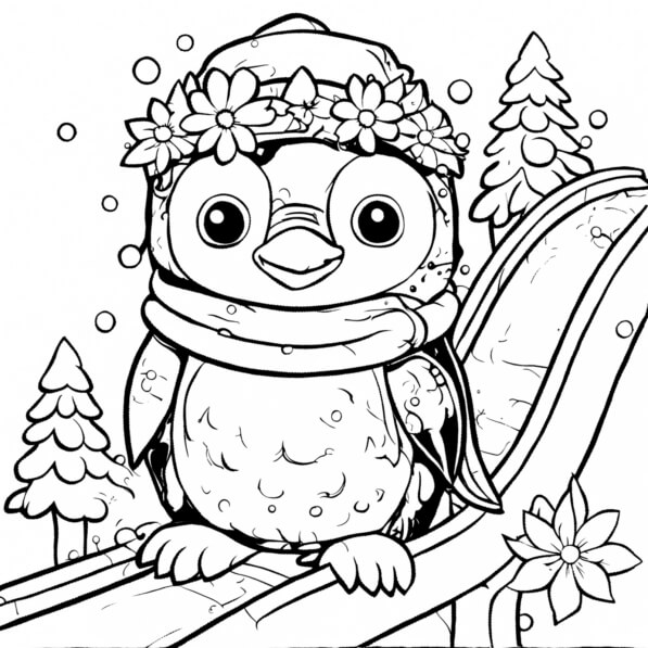 Download Winter Coloring Page with Penguin and Christmas Decor Coloring ...