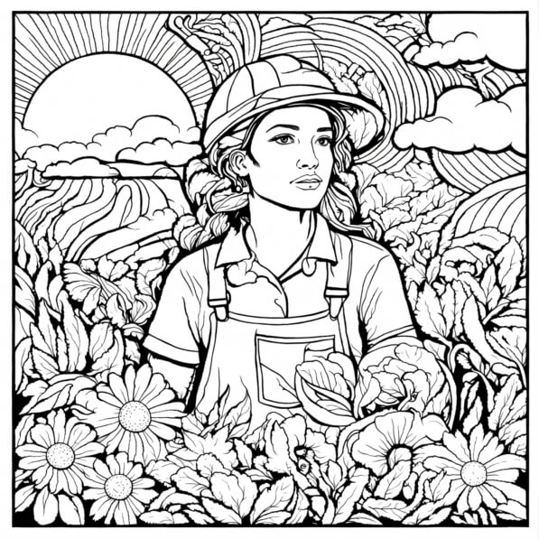 Download Woman in Overalls Coloring Page in Field of Flowers Coloring ...