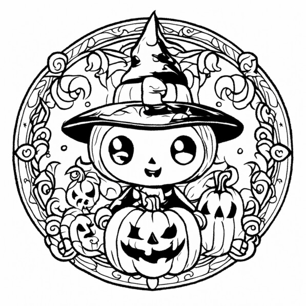 Download Cute Witch Coloring Page with Pumpkins Coloring pages Online ...