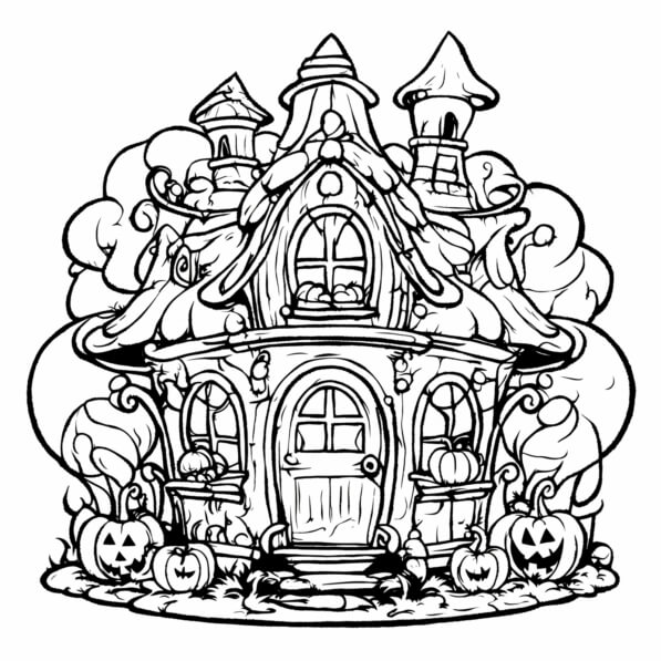 Download Halloween House Coloring Page with Pumpkins and Ghosts ...