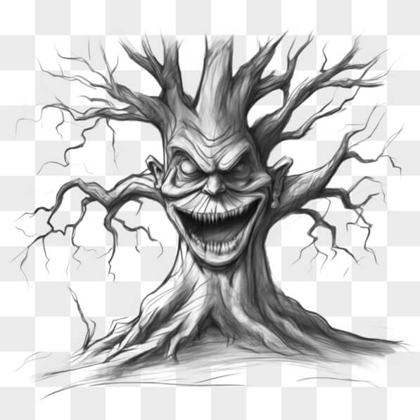 Download Black and White Drawing of Evil-Faced Tree Sketches Online ...