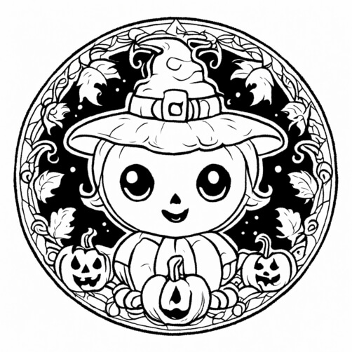 Download Halloween Coloring Page with Witch and Pumpkins Coloring pages ...