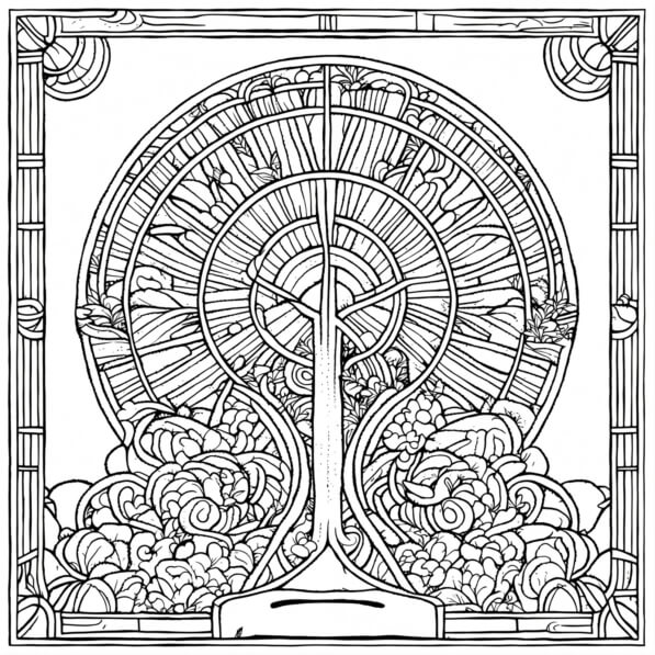 Download Art Deco Style Coloring Page with Tree and Flowers Coloring ...