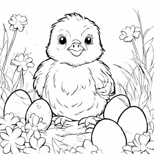 Download Cute Chick in Spring Setting with Flowers Coloring pages ...