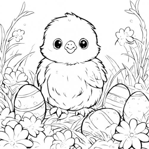 Download Cute Chick in Spring Setting with Flowers Coloring pages ...