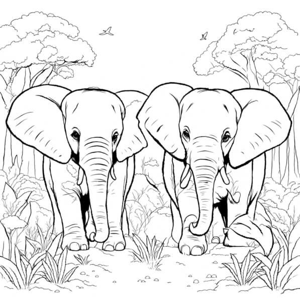 Download Two Elephants Walking in Jungle Coloring pages Online ...