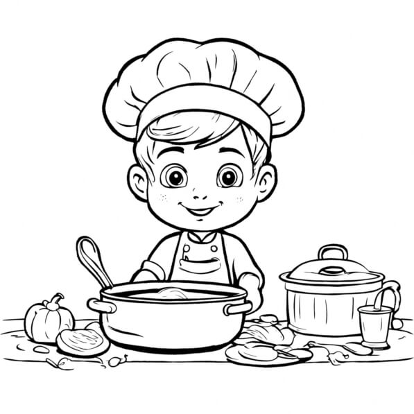 Download Young Boy Cooking in Kitchen Coloring pages Online - Creative ...