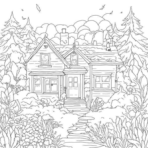 Download House in Forest Coloring Page Coloring pages Online - Creative ...