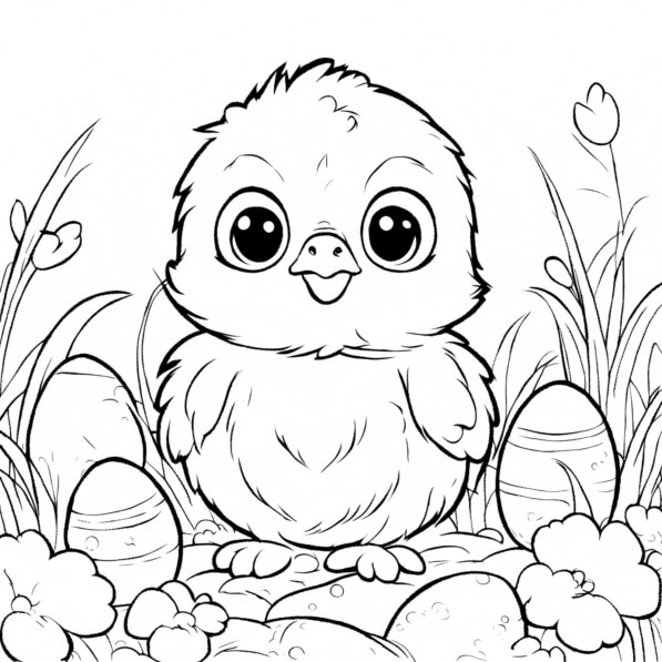 Download Cute Baby Chick in Grass with Easter Eggs and Flowers Coloring ...
