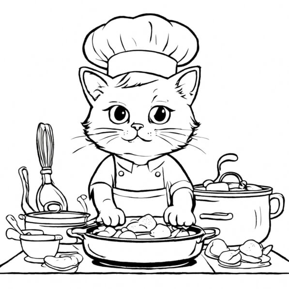 Descarga Gato Chef Cocinando con Ollas y Sartenes Páginas para colorear ...