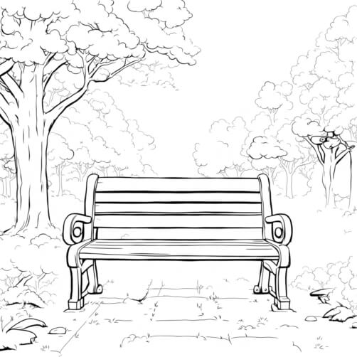 Download Serene Park Scene with Trees and Benches Coloring pages Online ...
