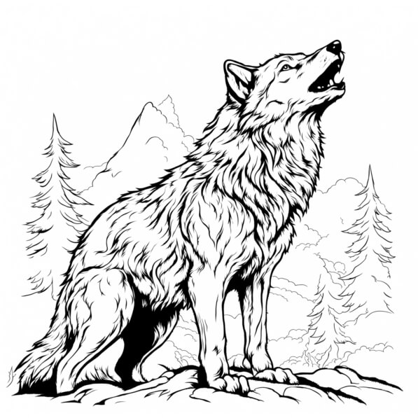 Download Wolf Howling in Nature Coloring pages Online - Creative Fabrica