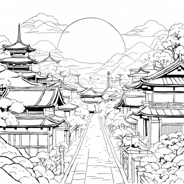 Download Traditional Asian Landscape Illustration Coloring pages Online ...