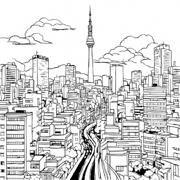 Download Line Drawing of City Skyline Coloring pages Online - Creative ...