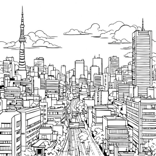 Download Tokyo Cityscape with Tower and Skyscrapers Coloring pages ...