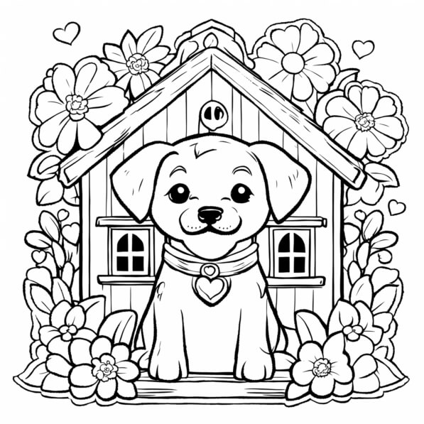 Download Cute Cartoon Puppy with Doghouse and Flowers Coloring pages ...