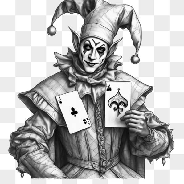 Download Jester Character Holding Playing Cards in Intricate Black and ...