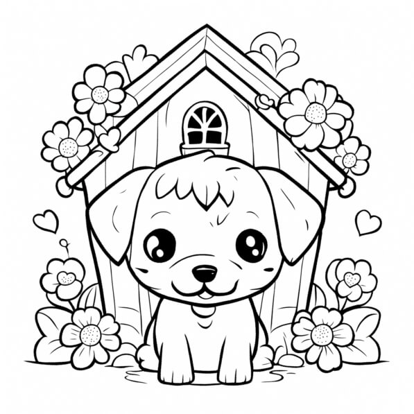 Download Cute Puppy in Front of Doghouse Coloring pages Online ...