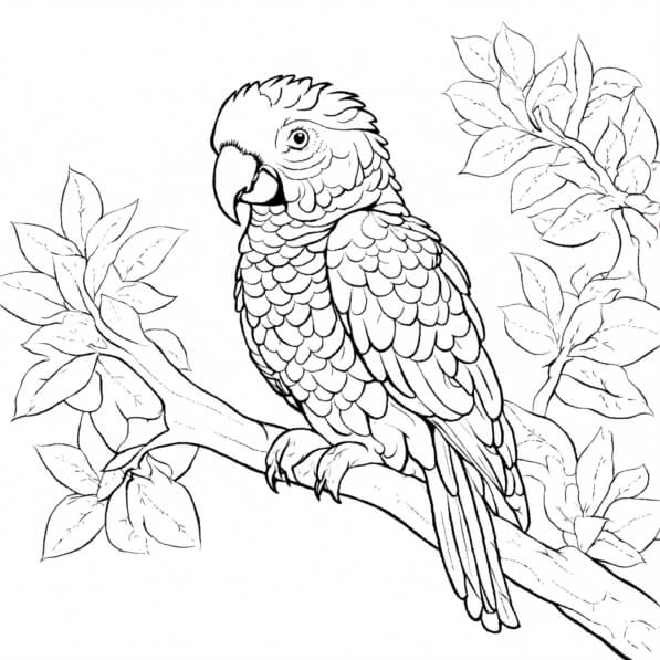Download Line Drawing of a Parrot on a Branch with Leaves Coloring ...