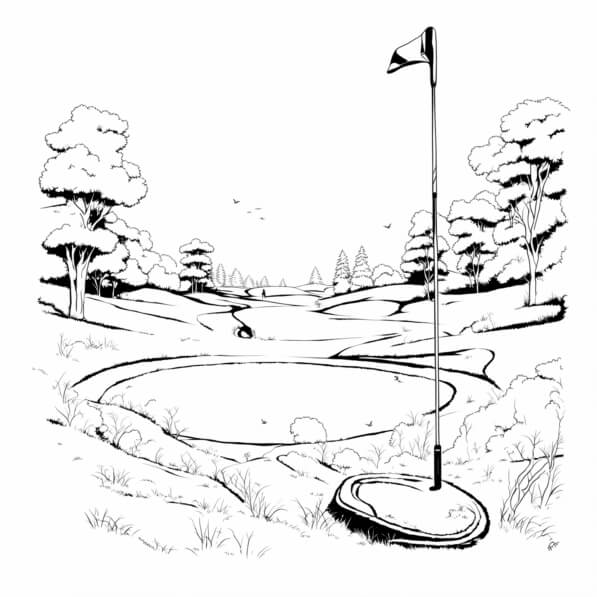 Download Golf Course Landscape with Flagpole and Trees Coloring pages ...