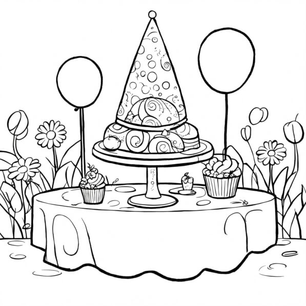Download Colorful Party Scene with Cake and Cupcakes Coloring pages ...