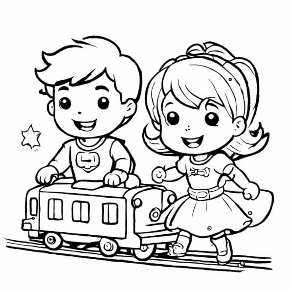 Download Happy Moment with Children and Toy Train Coloring pages Online ...