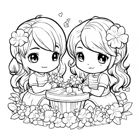 Download Two Chibi Girls Surrounded by Flowers Coloring pages Online ...