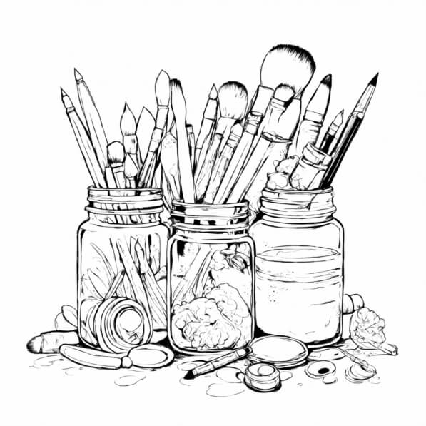 Download Assorted Art Supplies with Paintbrushes and Jars Coloring ...