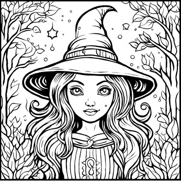 Download Whimsical Illustration of a Witch Girl Coloring pages Online ...