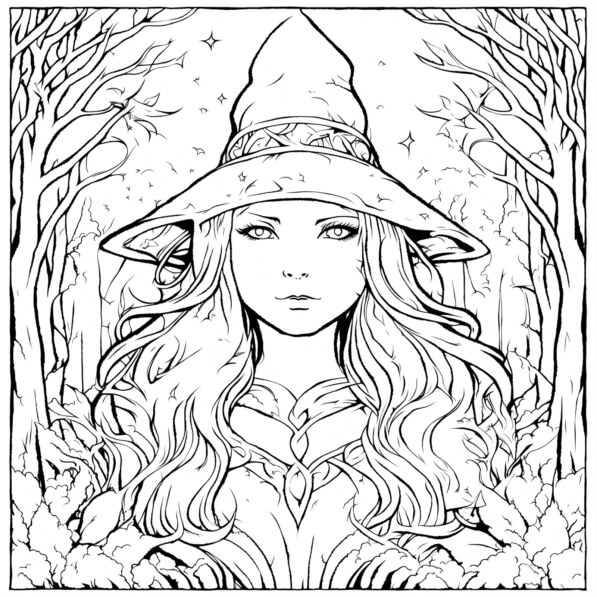 Download Line Art Illustration of a Female Wizard in a Mystical Forest ...