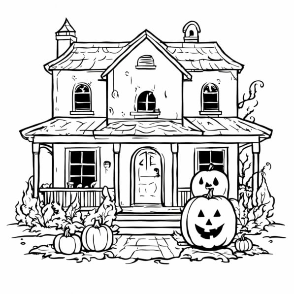 Download Halloween House with Carved Pumpkins Coloring pages Online ...