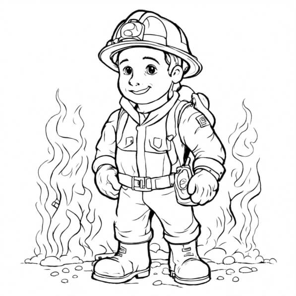 Download Young Cartoon Firefighter Standing with Flames Coloring pages ...