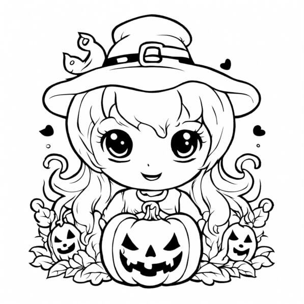 Download Cute Halloween Witch with Pumpkins Coloring pages Online ...