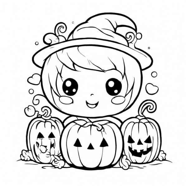 Download Cute Halloween Character Surrounded by Pumpkins Coloring pages ...