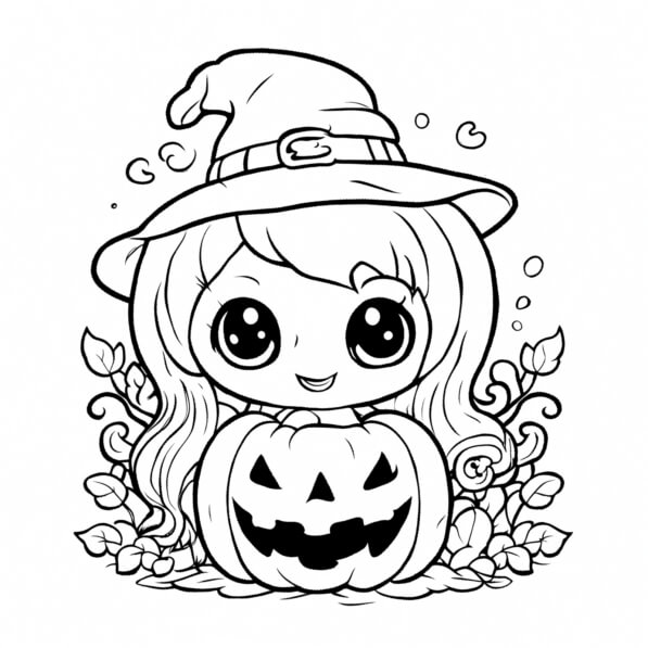 Download Cute Halloween Witch Character with Pumpkin Coloring pages ...