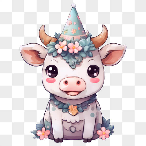 Descarga Vaca Kawaii Celebrando con Estilo con Flores y Sombrero de ...