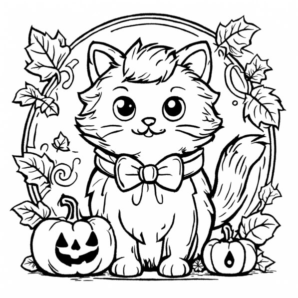 Download Adorable Cat with Pumpkins and Autumn Leaves Coloring pages ...