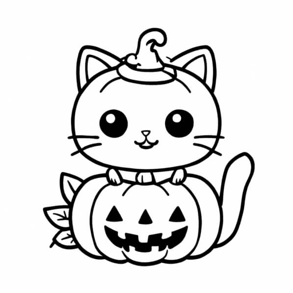 Download Cute Cartoon Cat on a Halloween Pumpkin Coloring pages Online ...