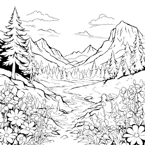 Download Landscape Coloring Page: Mountains and Flowers Coloring pages ...