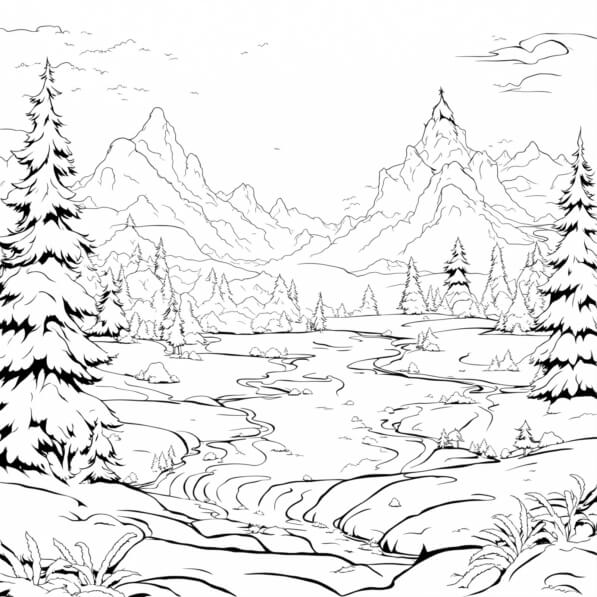 Download Detailed Line Drawing of a Serene Landscape with Mountains and ...