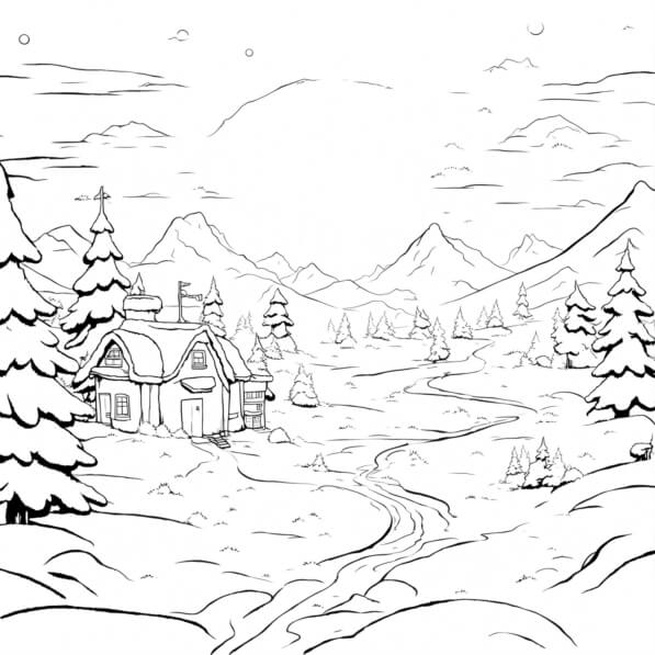 Download Winter Landscape with Cottage and Snow-Covered Trees Coloring ...