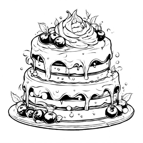 Download Three-Tier Cake Decoration with Cherries Coloring pages Online ...