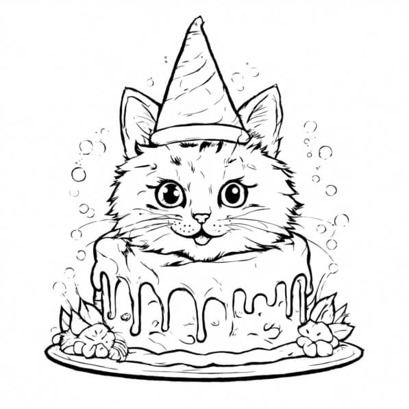 Download Playful Cat in a Cake with Party Hat Coloring pages Online ...