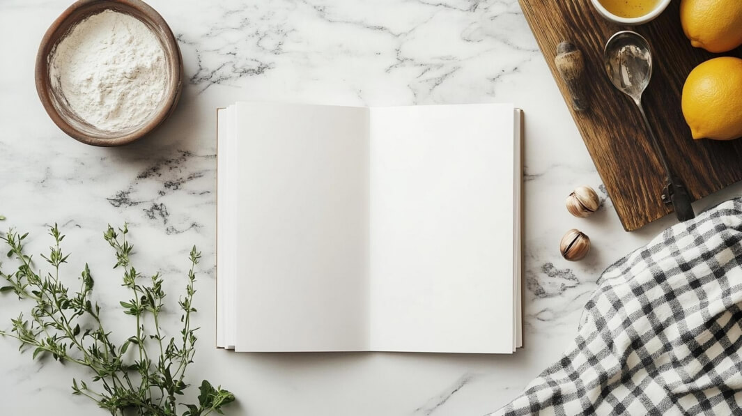 Download Open Cookbook with Fresh Ingredients on a Marble Countertop ...